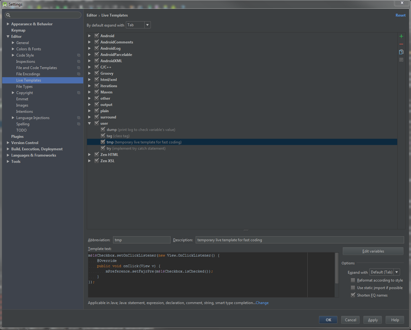 Android Studio Live Templates Introduction